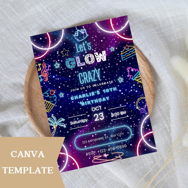 Neon Glow Birthday Invitation: Editable Canva Template (5x7 Inch ...