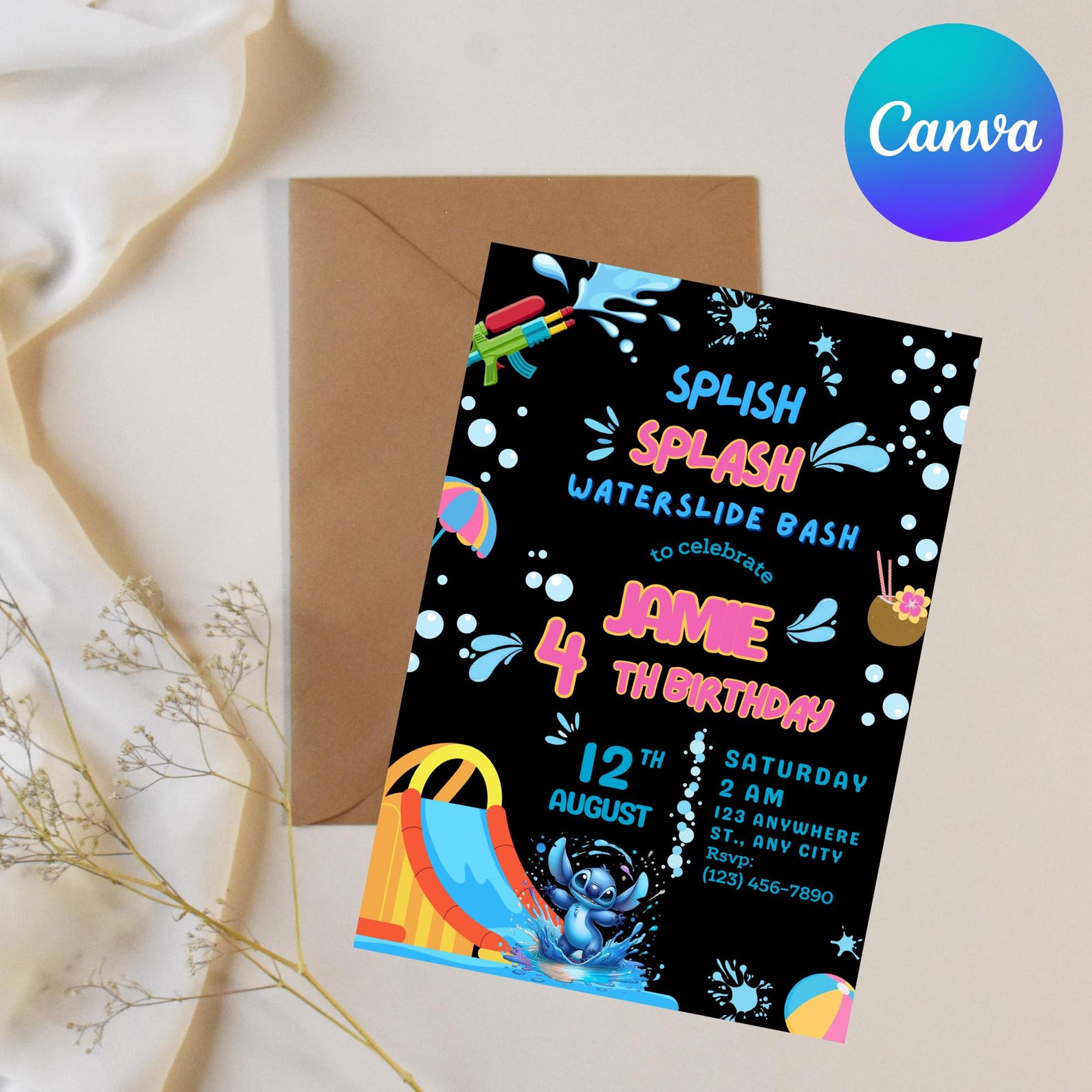 Waterslide Birthday Invitation: Splash Party, Canva Template (5x7 Inch ...
