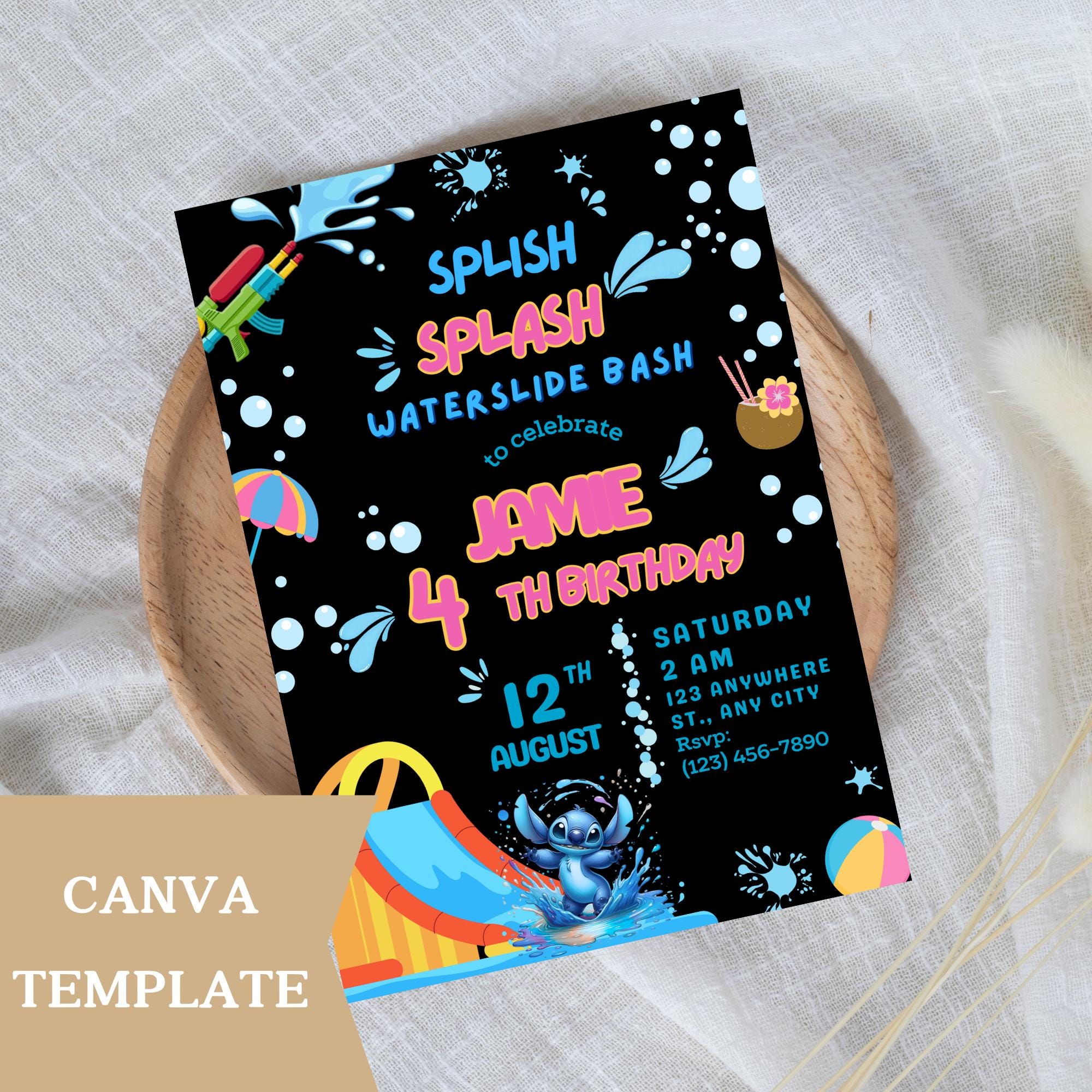 Waterslide Birthday Invitation: Splash Party, Canva Template (5x7 Inch ...