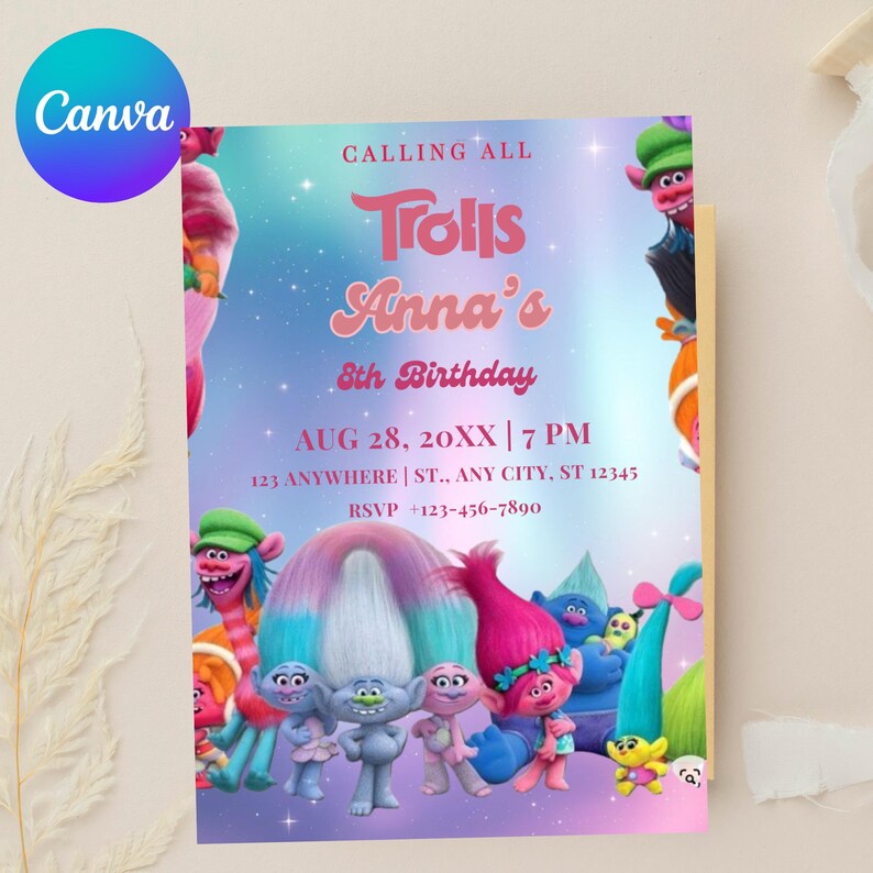 Editable Trolls Birthday Invitation: Poppy Party Invite (5x7 Inch ...
