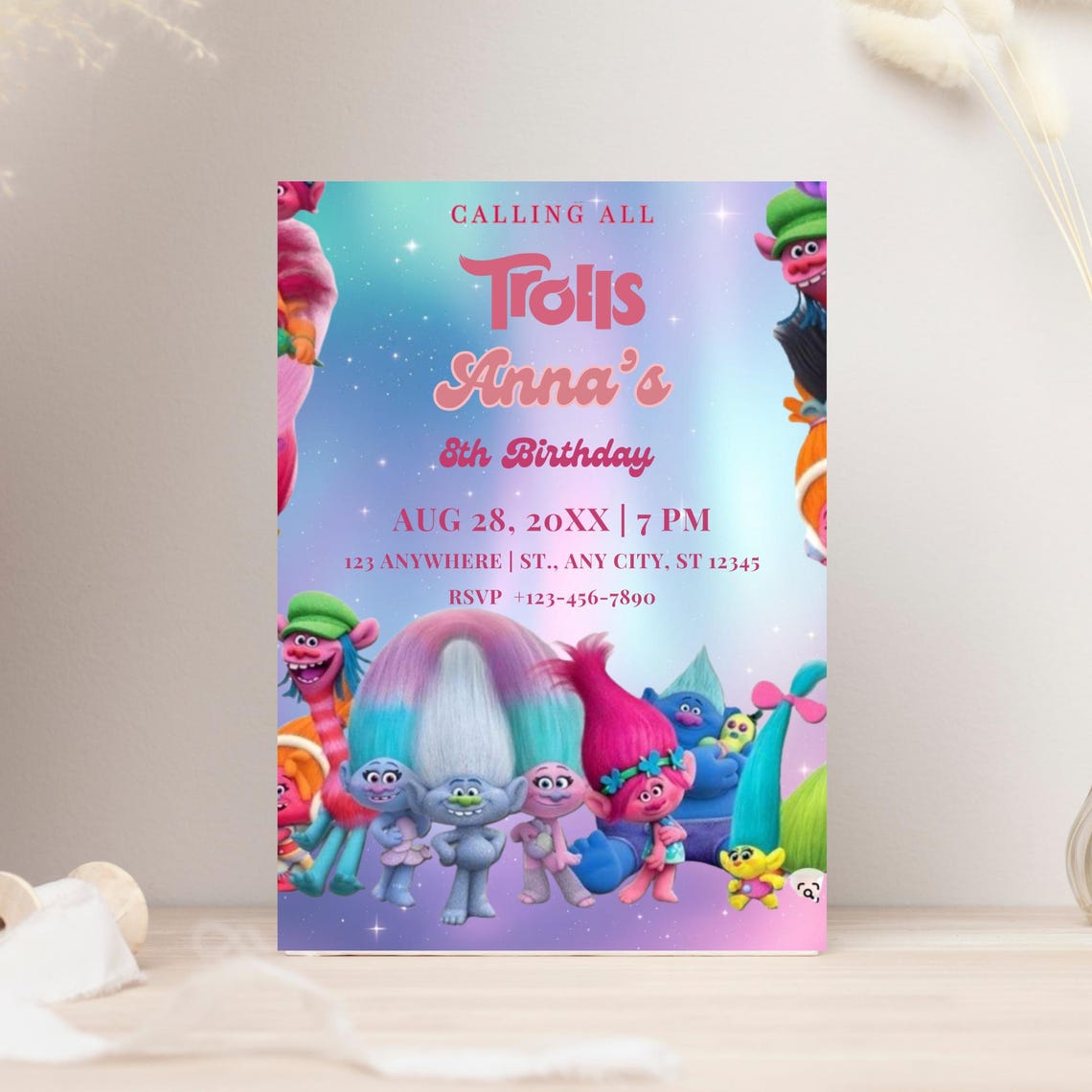 Editable Trolls Birthday Invitation: Poppy Party Invite (5x7 Inch ...