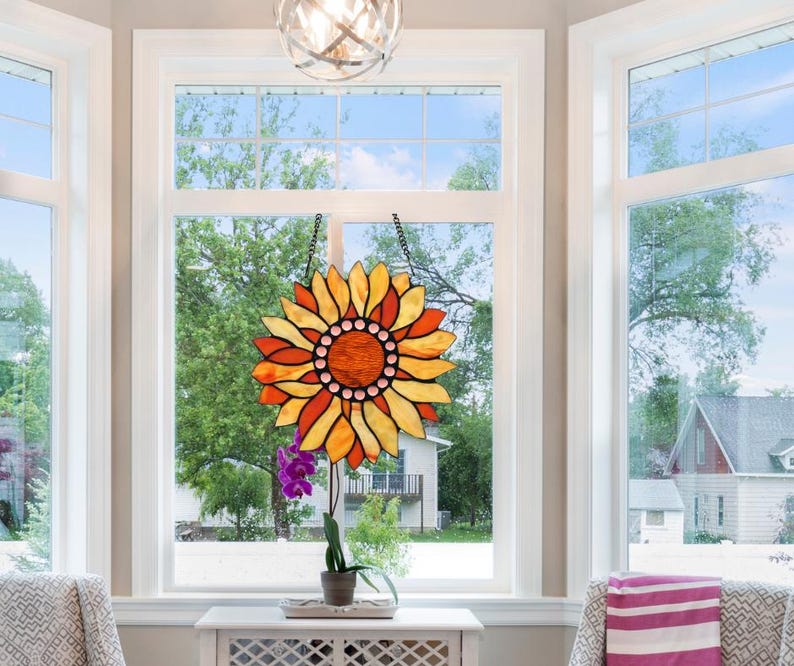 Orange Sunflower Tiffany-style Stained Glass Window Panel – 11” Round ...