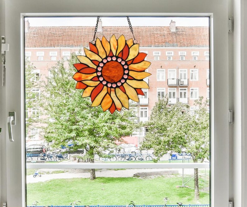 Orange Sunflower Tiffany-style Stained Glass Window Panel – 11” Round ...