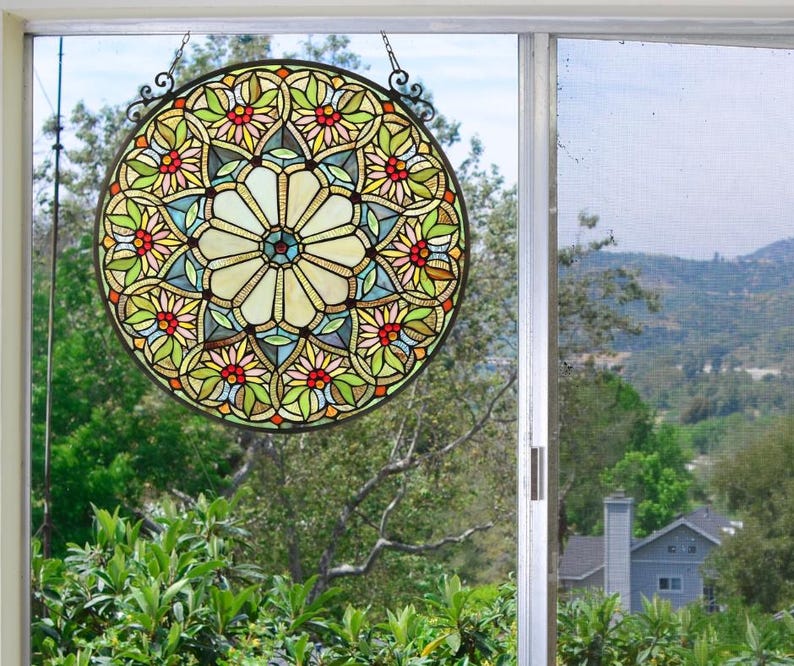 Handcrafted SUNNY Stained Glass Window Panel Suncatcher–floral Art in ...