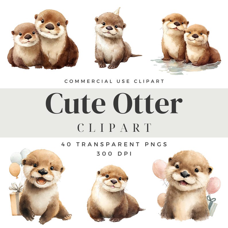 Cute Otter Clip Art, 40 Watercolor Cliparts With Transparent Background ...