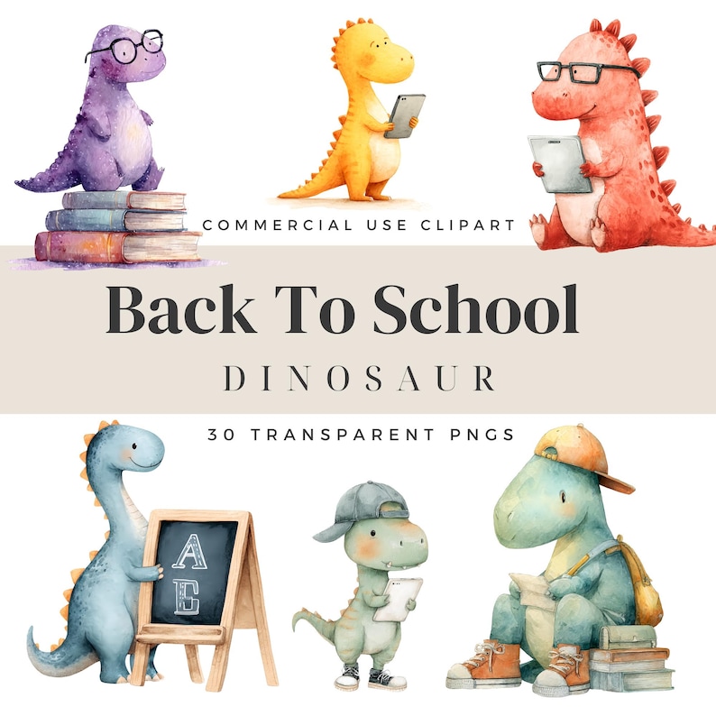 Back to School Dinosaur Clipart, Cute Dino PNG Bundle, Teacher Graphics ...