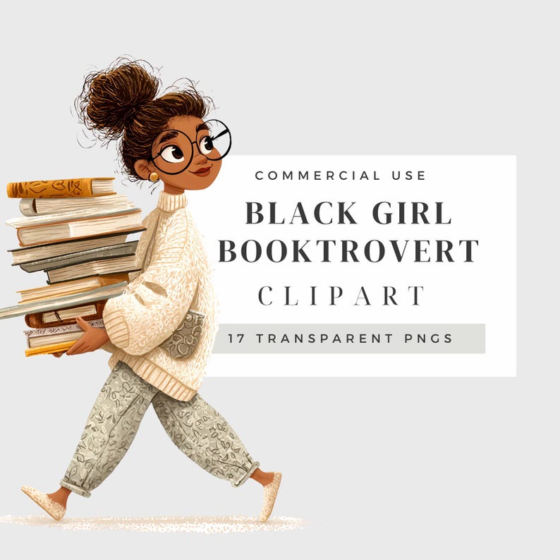 Black Girl Booktrovert Clipart, Cozy Reading PNG, Digital Download for ...