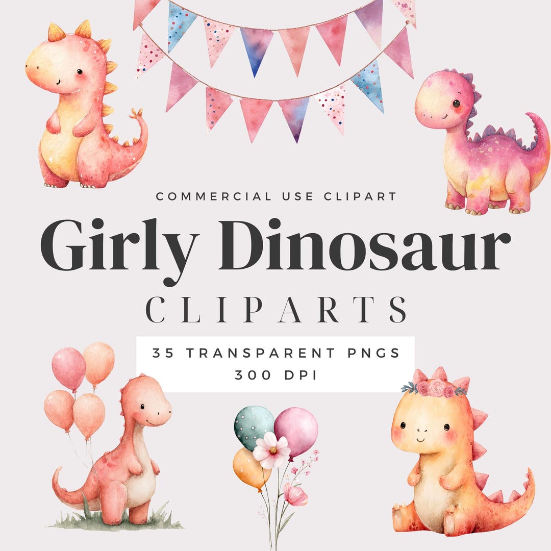 Girly Dinosaur Clipart, 35 Cute Watercolor Dino Pngs, Baby Shower ...