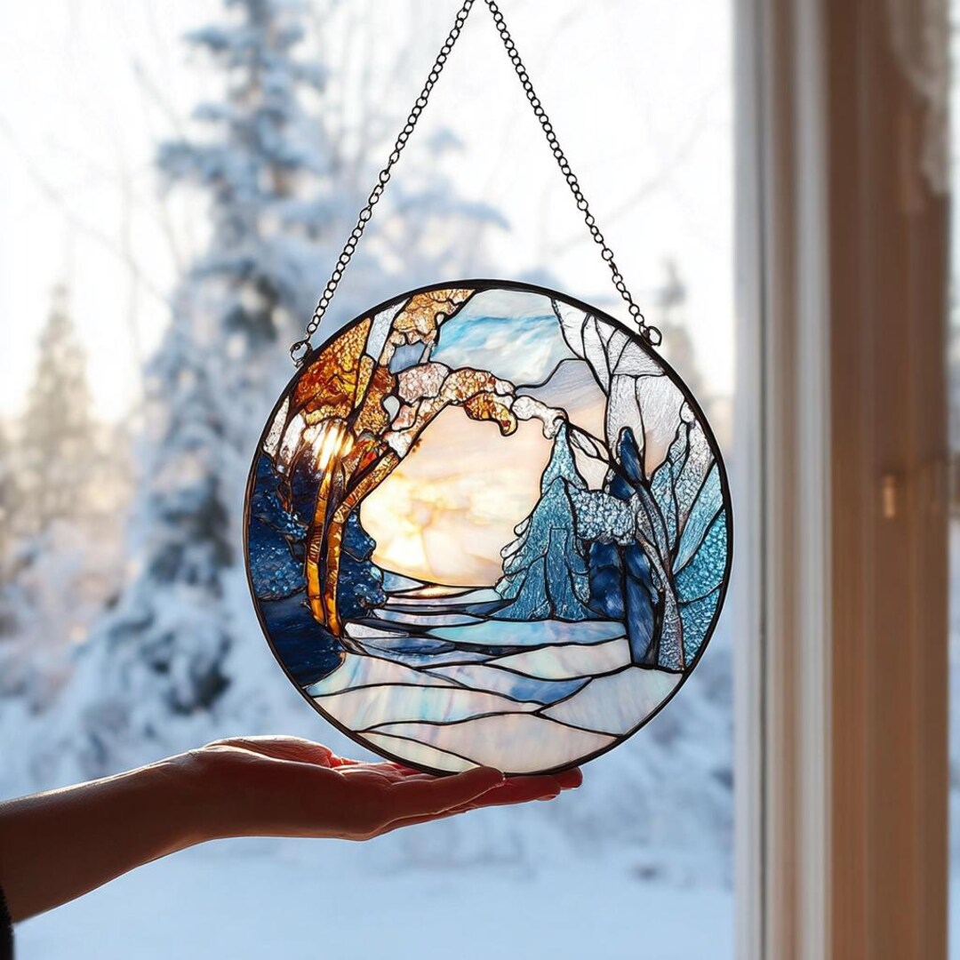 Winter Scene Stained Glass Suncatcher, Home Window Decoration - Etsy