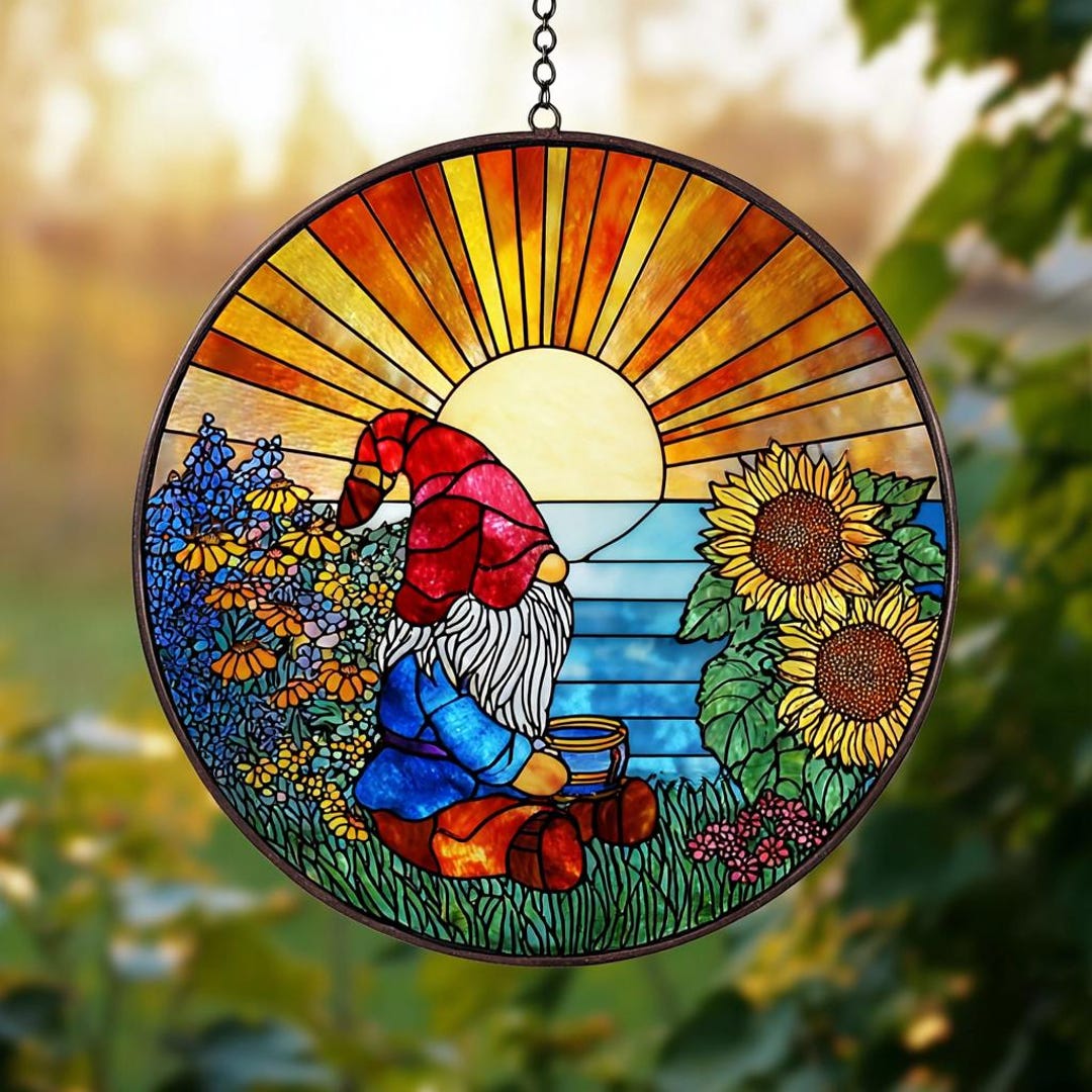 Gnome Sunset Glass Suncatcher, Window Hanging, Gift for Mom, Gift for ...