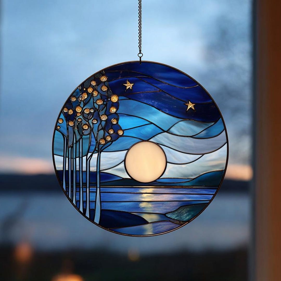 Moon Stained Glass Suncatcher, Night Sky Window Hanging, Moonlight Lake ...