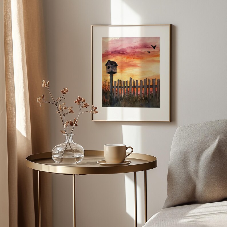 Rustic Sunset Sky Watercolor With Birdhouse - Cottagecore Wall Art ...