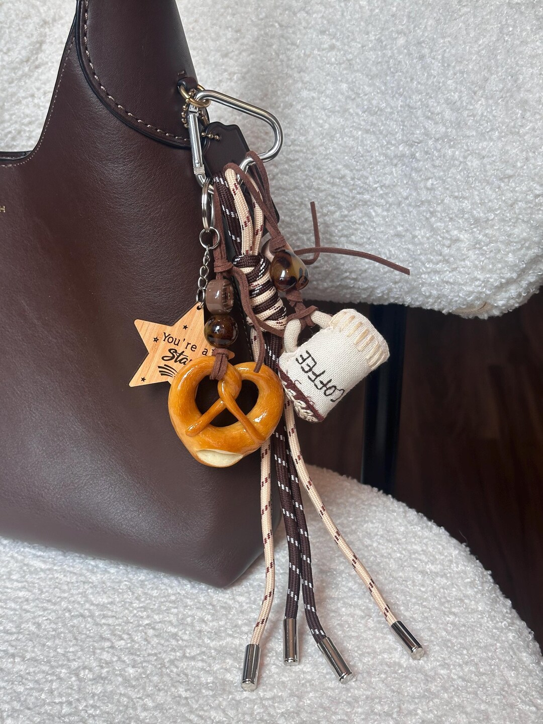Coffee Pretzel Donut Bag Charm Keychain – Handmade Rope Purse Accessory ...