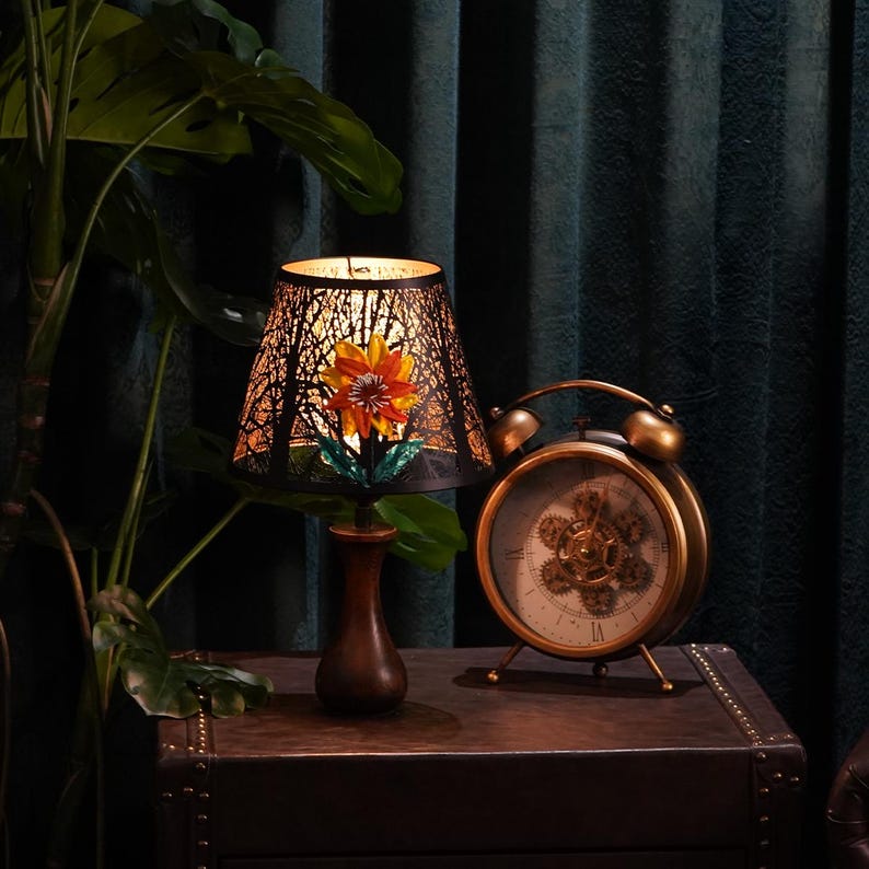 Hand-painted Sunflower Lampshade, Tree Silhouette Light Cover, Boho ...