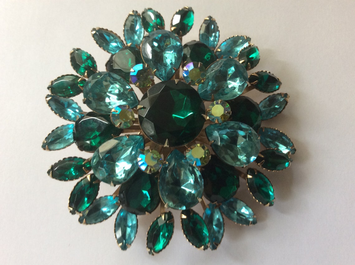 Emerald Green Blue AB Rhinestone Flower Brooch Pin. | Etsy