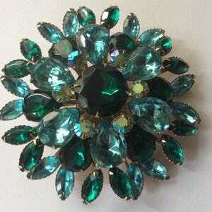 Emerald Green, Blue, AB Rhinestone Flower Brooch Pin. 3.5" Diameter. - Etsy