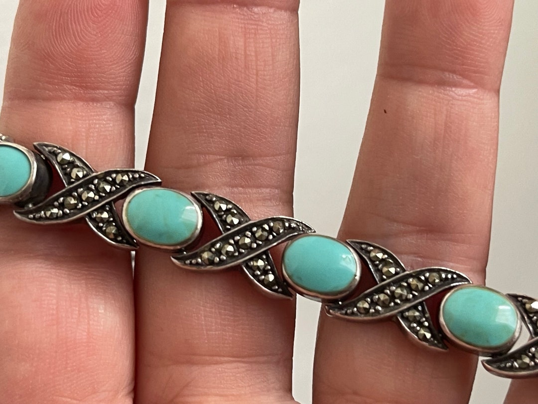 FAS Thailand Sterling Silver 925, Marcasite, Oval Turquoise Bracelet ...