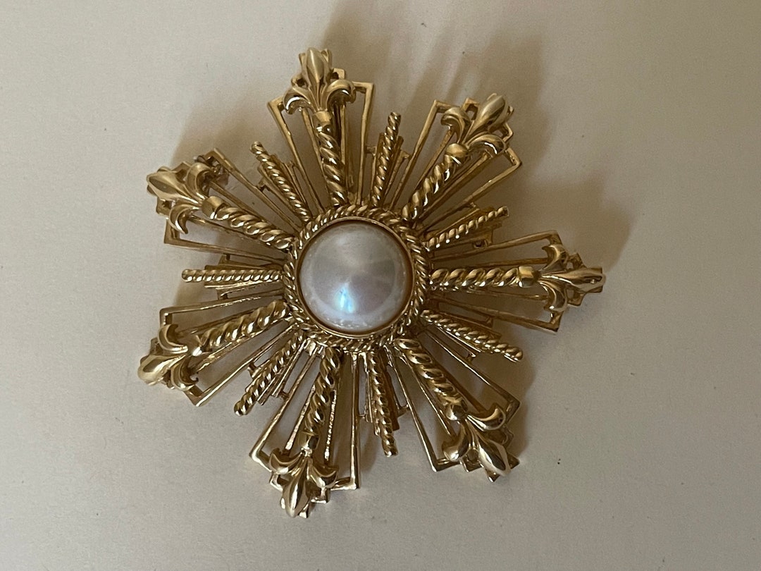 St. John Signed Gold Plated Faux Pearl, Fleur De Lis Cross Brooch ...