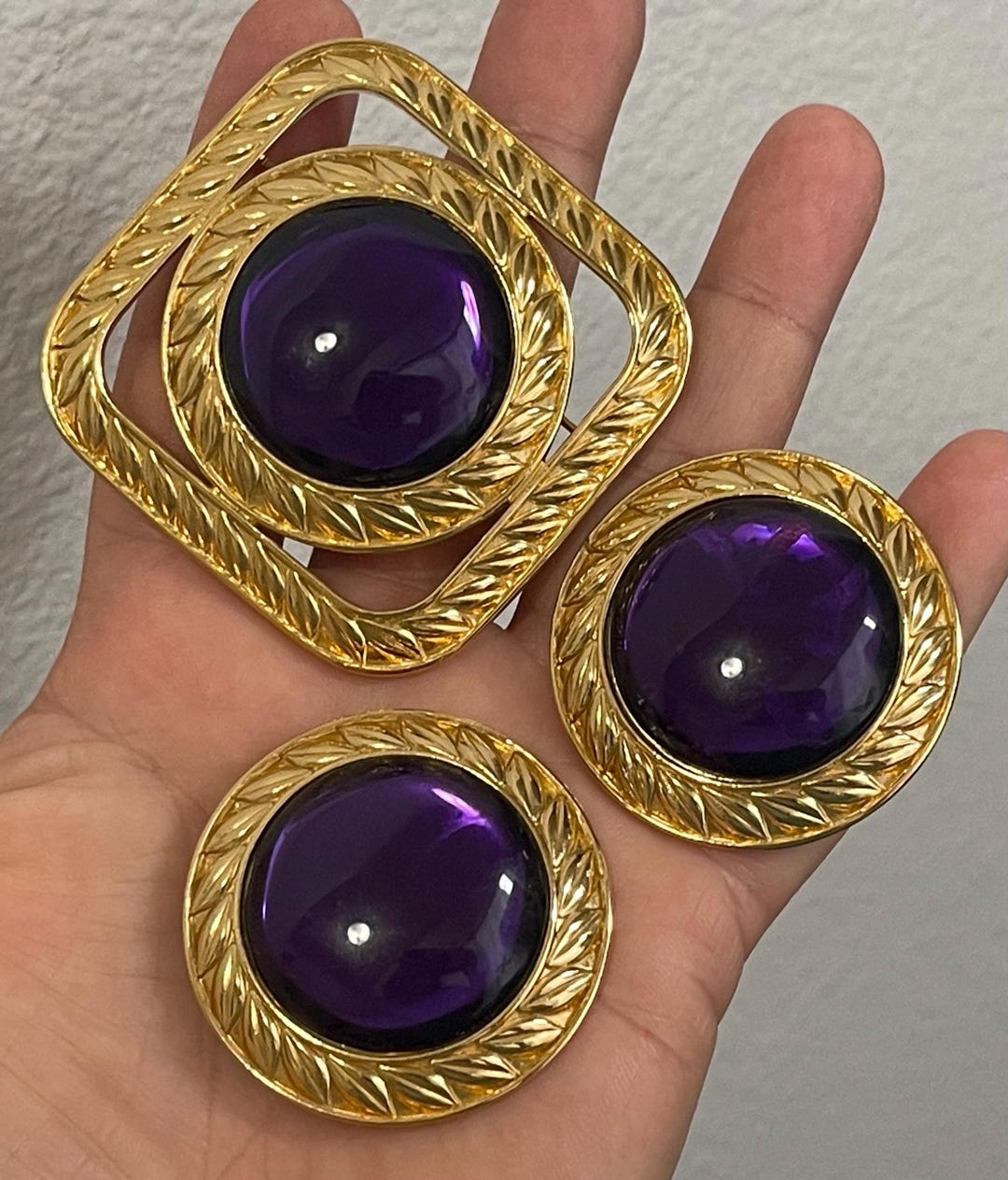 Trifari TM Purple Glass Cabochon, Gold Plated Clip-on Earrings, Brooch ...