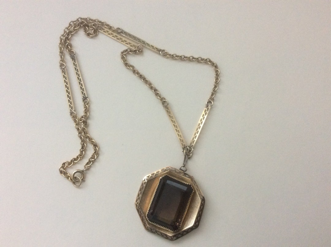 Winard 12k Gold Filled Smoky Quartz Filigree Necklace Pendant Art Deco ...