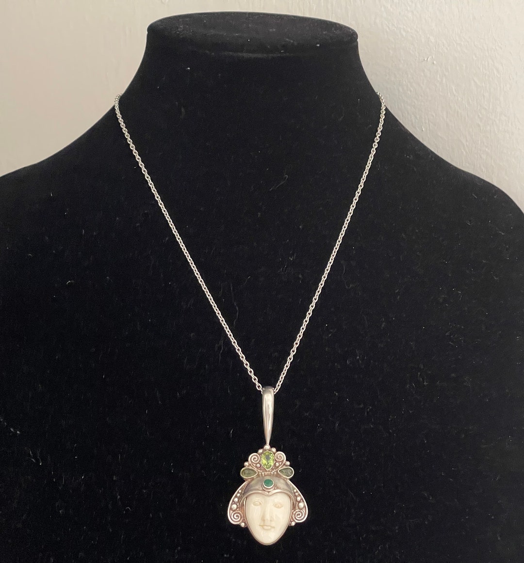 Sajen Carved Goddess Face, Green Stones Pendant With Chain - Etsy