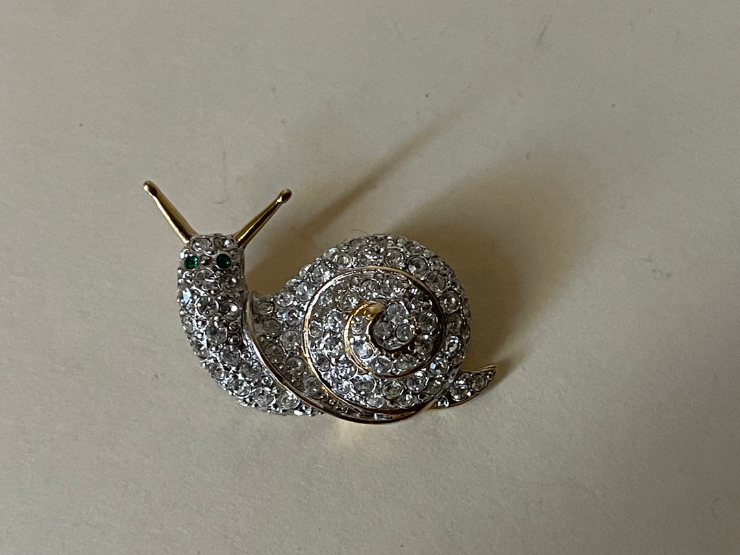 Two Triangle Marks Snail Small Brooch, Pave Clear Rhinestones, Green ...