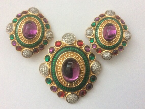 Swarovski Mogul Jewels of India Rhinestones Cabochons Enamel Brooch Clip on Earrings Etsy