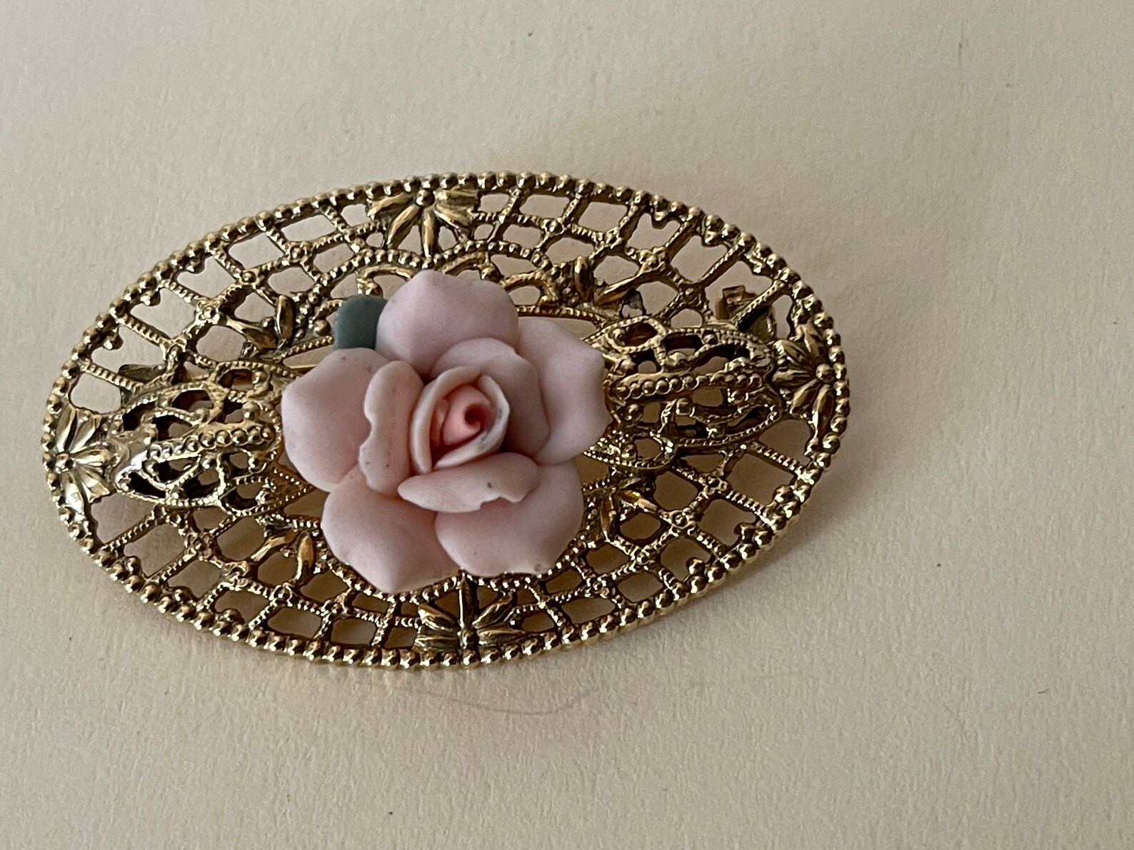 1928 Unmarked Pink Porcelain Rose Filigree Brooch - Etsy