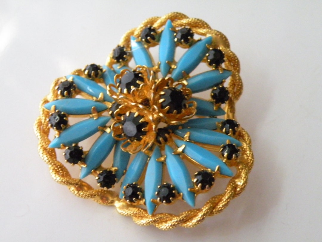 Delizza and Elster Inc. Juliana Flower Turquoise Jet Black Brooch Pin ...