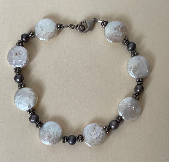 Freshwater coin pearl, gray pearls, sterling silver 9… - Gem