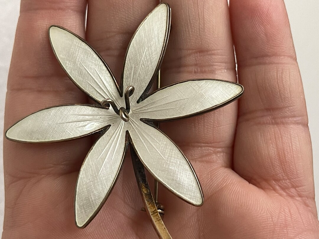 Hroar Prydz Norway Sterling White Enamel LARGE Flower Brooch Rare 20s ...