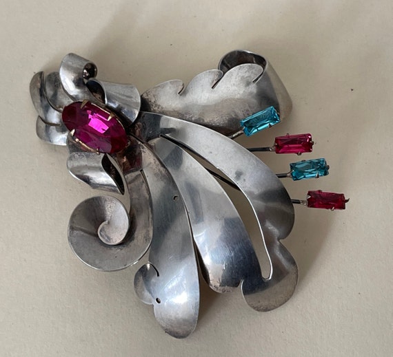 Sterling silver blue, fuchsia rhinestone swirl, leaf … - Gem