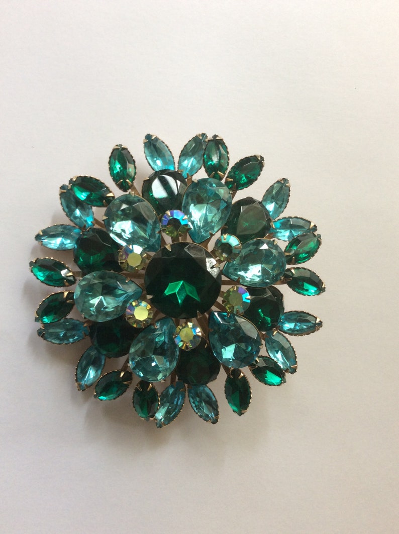 Emerald Green Blue AB Rhinestone Flower Brooch Pin. | Etsy