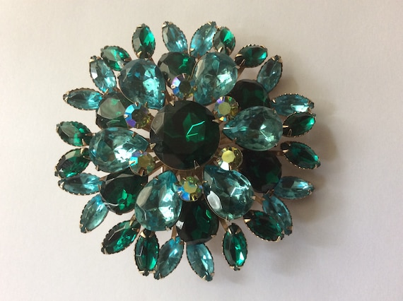 Emerald Green Blue AB Rhinestone Flower Brooch Pin. | Etsy