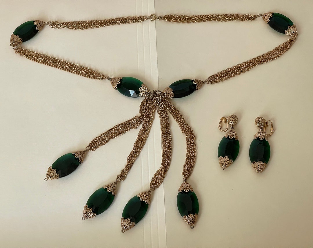 Napier Green Plastic, Filigree Dangle, Drop Necklace and Clip-on ...