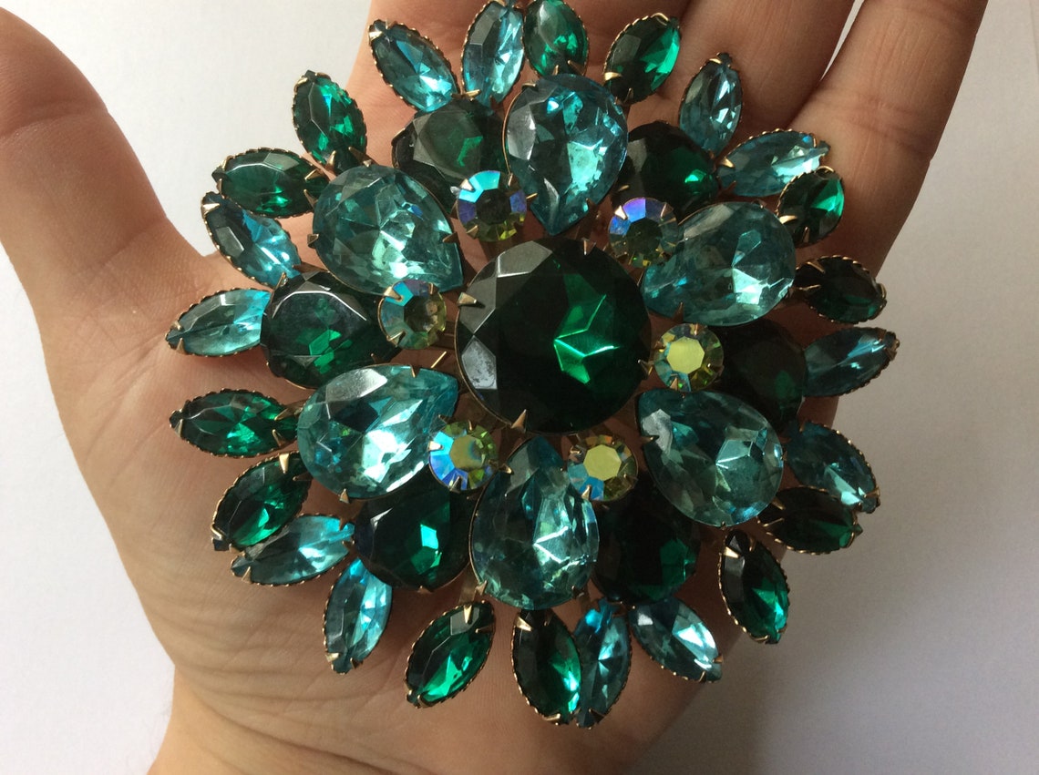 Emerald Green Blue AB Rhinestone Flower Brooch Pin. | Etsy