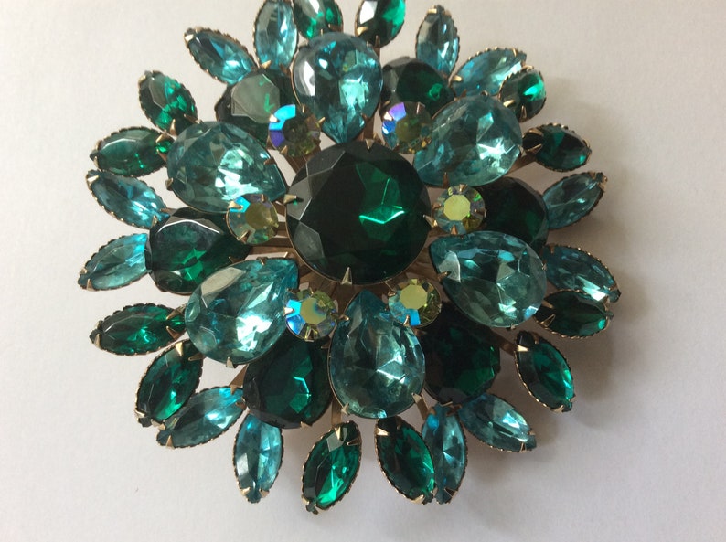 Emerald Green Blue AB Rhinestone Flower Brooch Pin. | Etsy