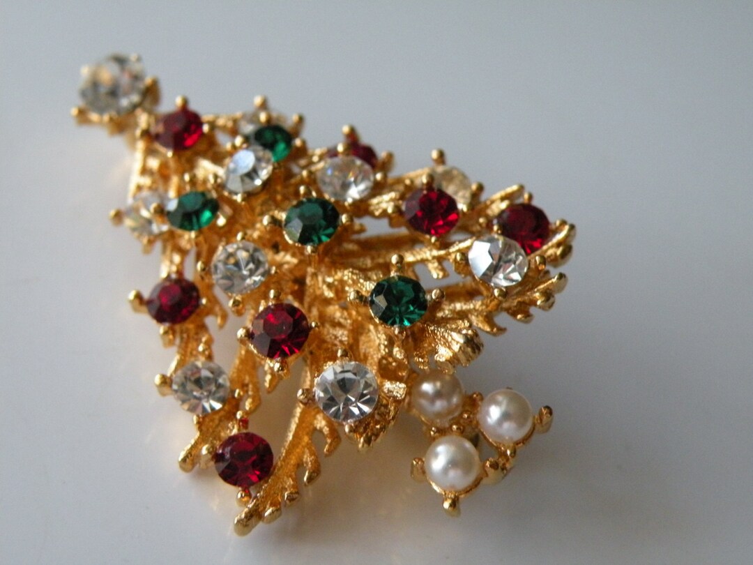 Lisner Christmas Tree Brooch, Pin. Rhinestones, Faux Pearls. Layered - Etsy