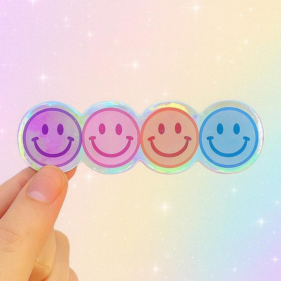 Holographic Rainbow Smiley Face Sticker Strip: Retro Y2K Vinyl Decal - Etsy