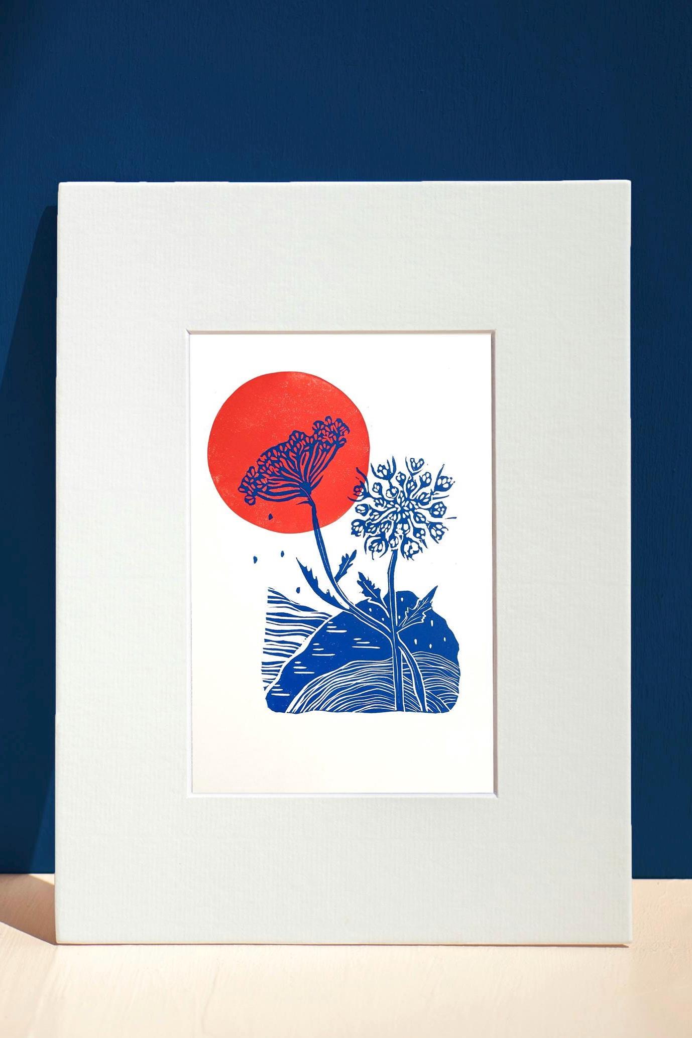 Queen Anne's Lace Linocut Print: Red and Blue Botanical Art - Etsy