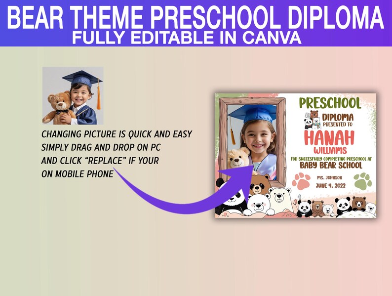Preschool Diploma, Editable Canva, Printable Certificate, Graduation ...