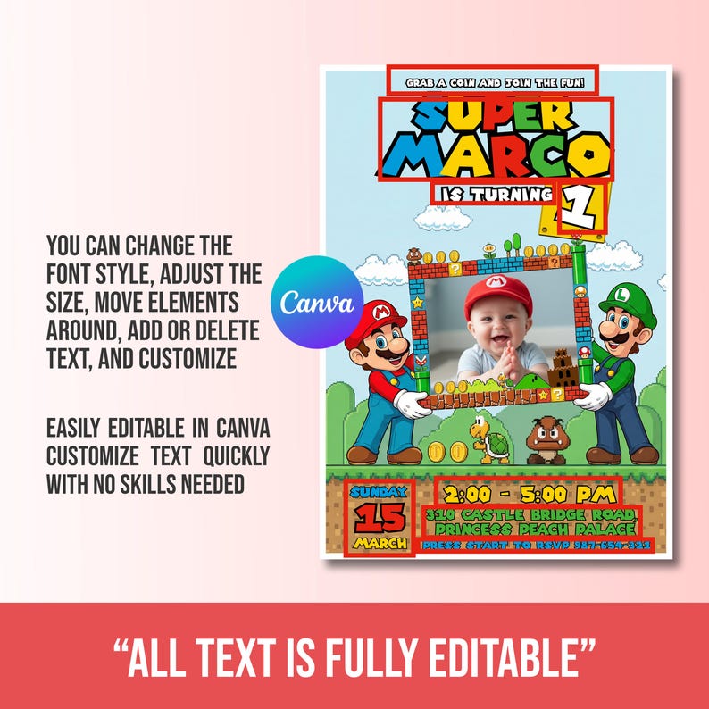 Super Mario Birthday Photo Invitation, Mario and Luigi Frame Invite ...