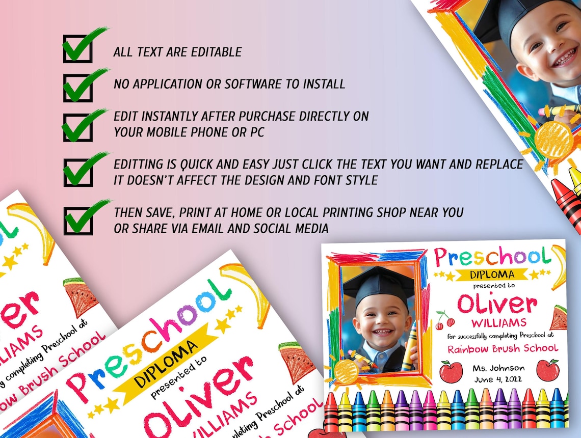 Editable Crayon Preschool Diploma: Fun Graduation Certificate (canva ...