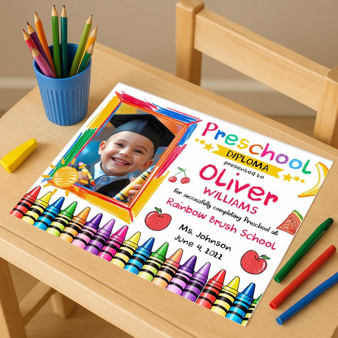 Editable Crayon Preschool Diploma: Fun Graduation Certificate (canva ...