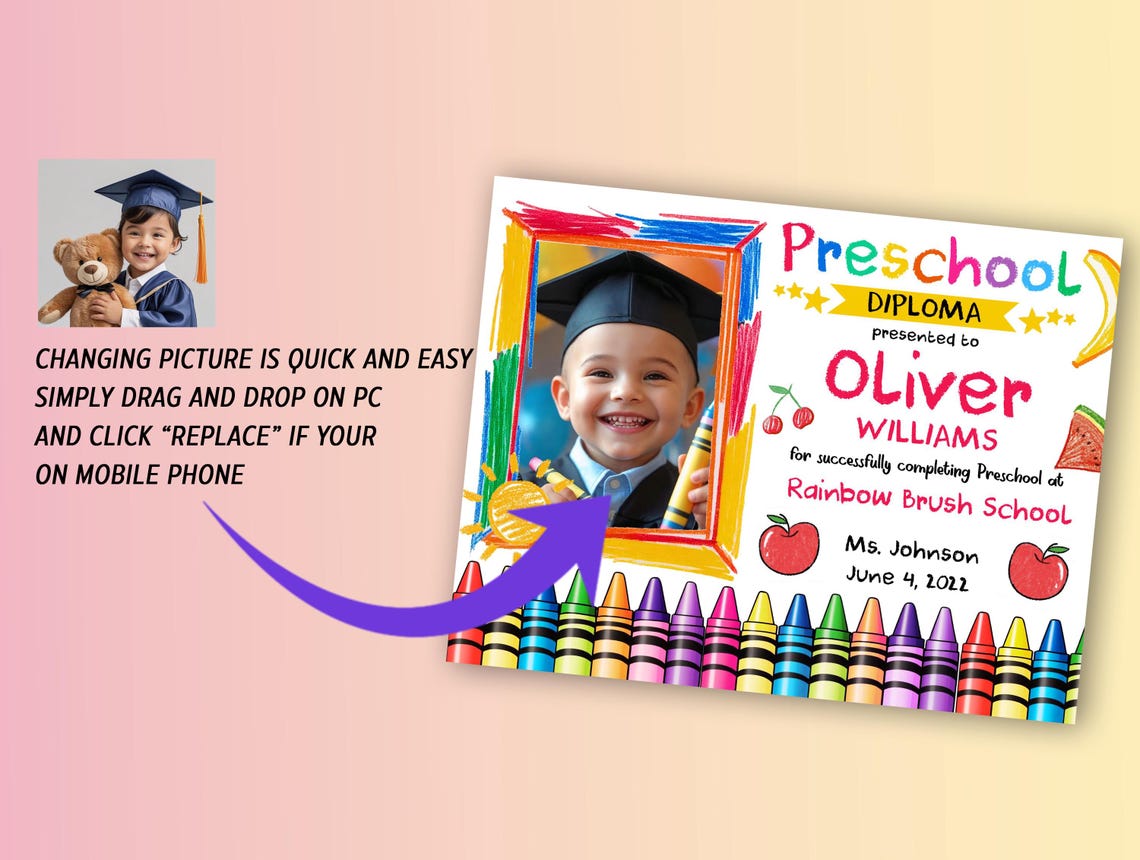 Daycare Graduation Certificate Canva Template, Crayon Theme Diploma ...