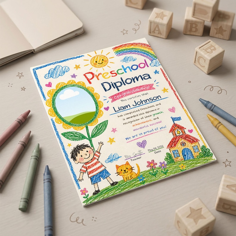 Editable Preschool Diploma Template Crayon Doodle Certificate Add Photo ...