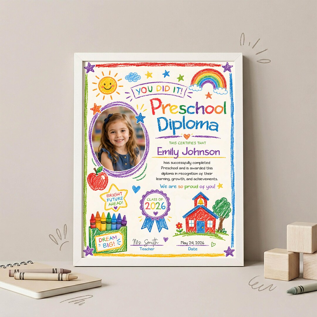 Editable Preschool Diploma Crayon Hand Drawn Template, Photo Insert Pre ...
