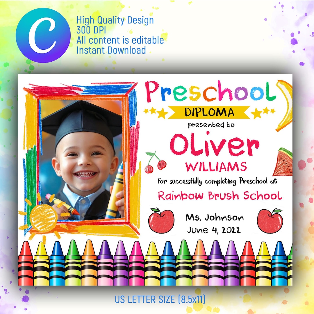 Editable Crayon Preschool Diploma: Fun Graduation Certificate (canva ...