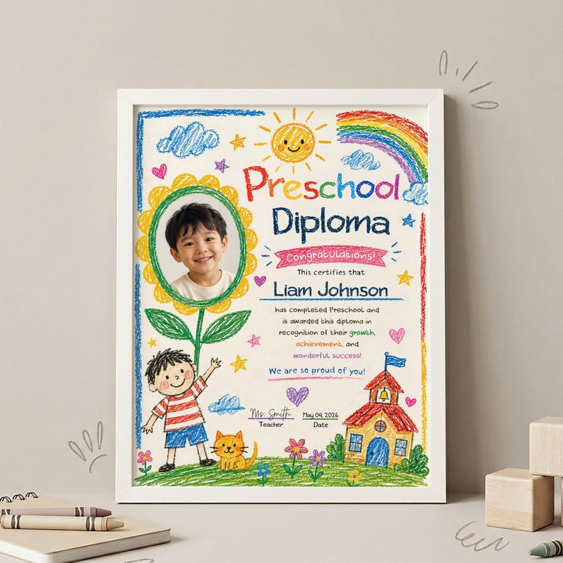 Editable Preschool Diploma Template Crayon Doodle Certificate Add Photo ...
