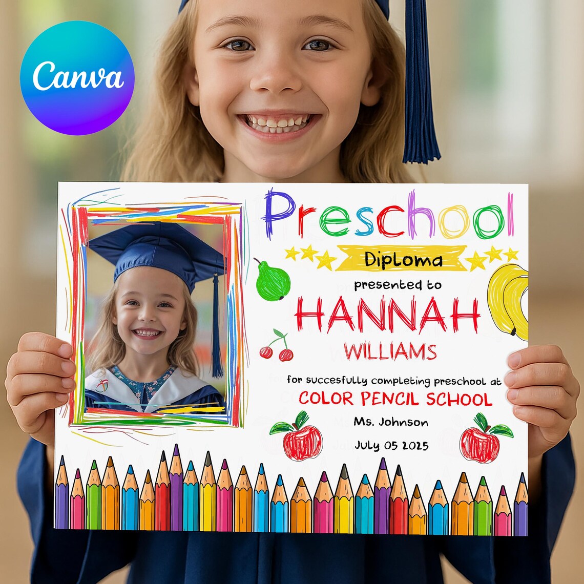 Editable Preschool Graduation Certificate: Colorful Kids Diploma Canva ...